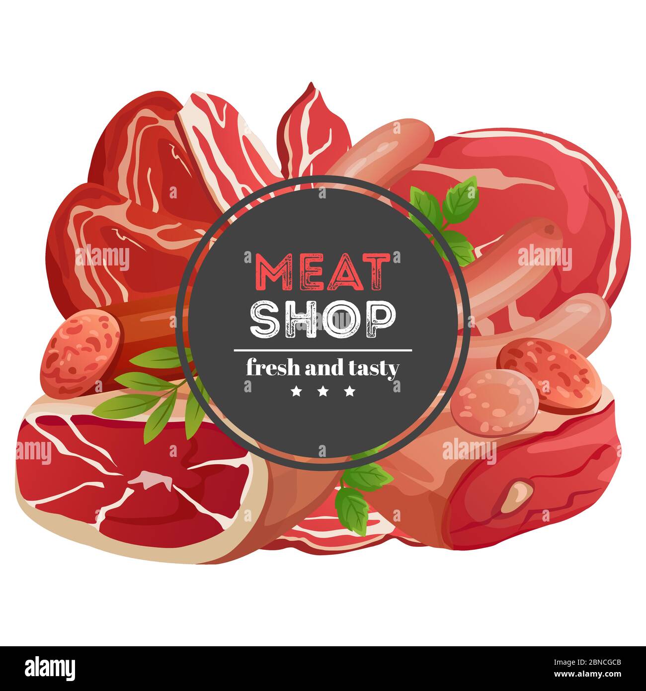 Meat shop emblem design with different meat products vector ...