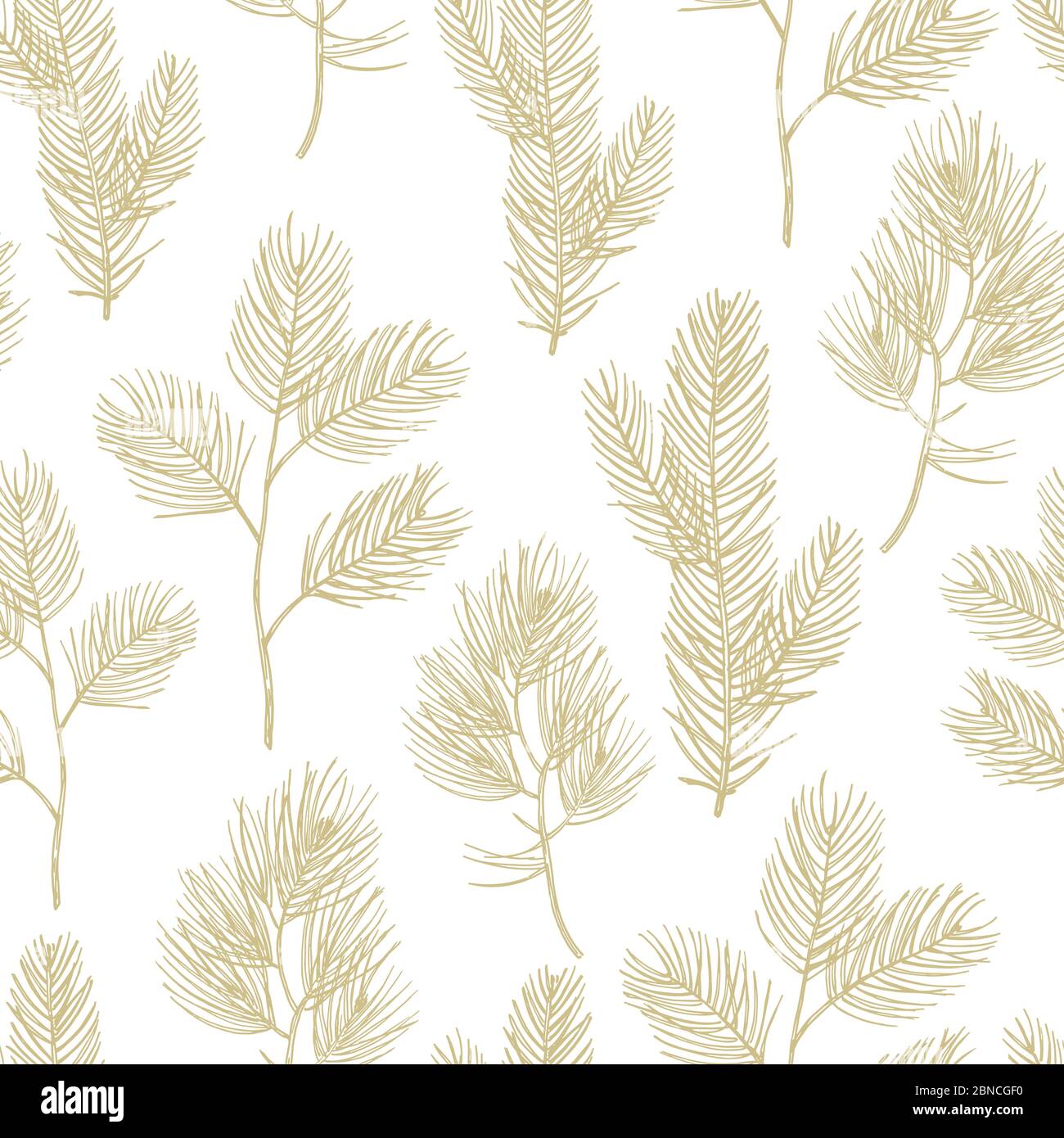 Hand drawn golden fir branches seamless pattern background on white ...