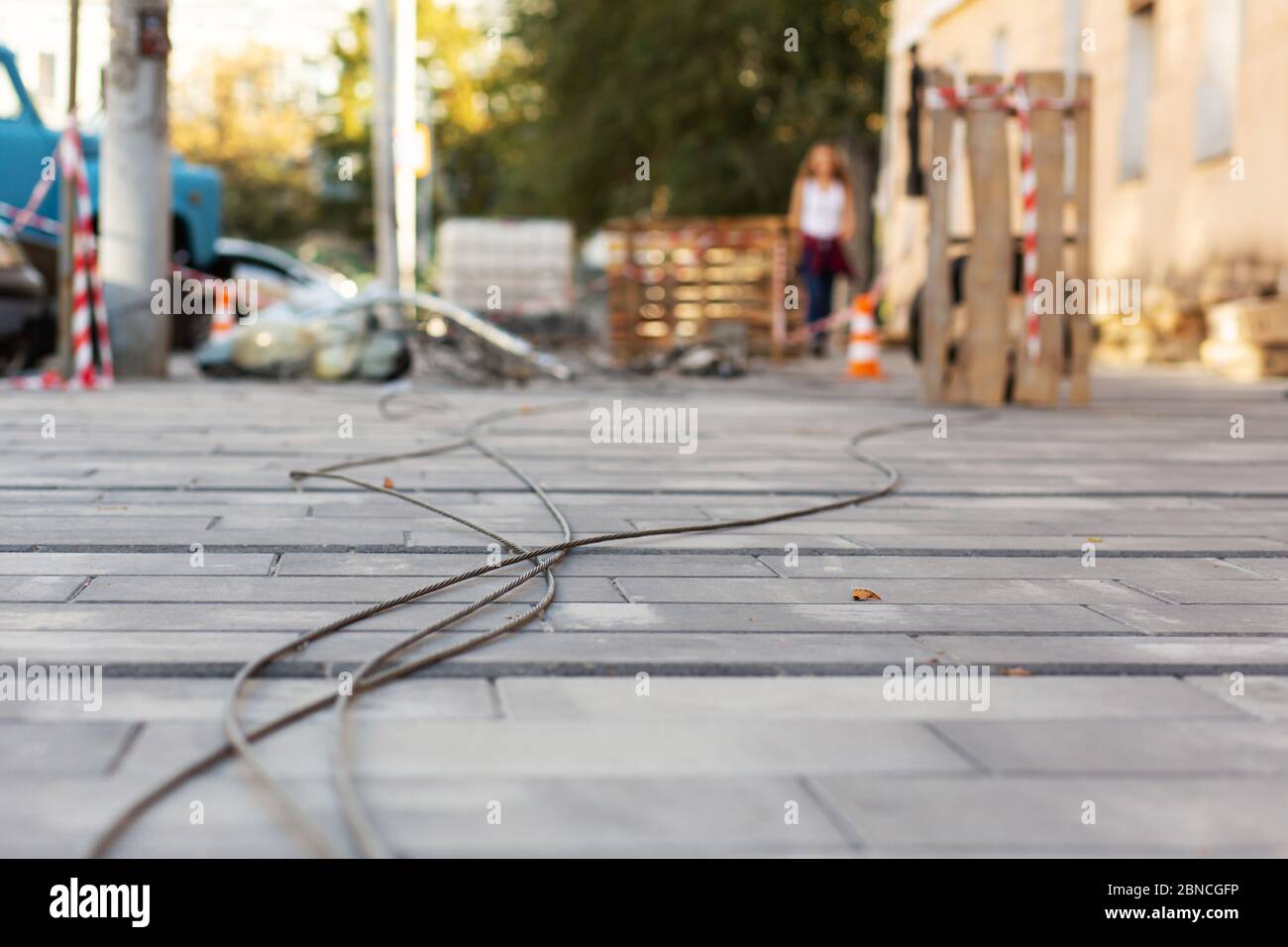 Street reconstruction, the work of electricians. The dismantled old ...
