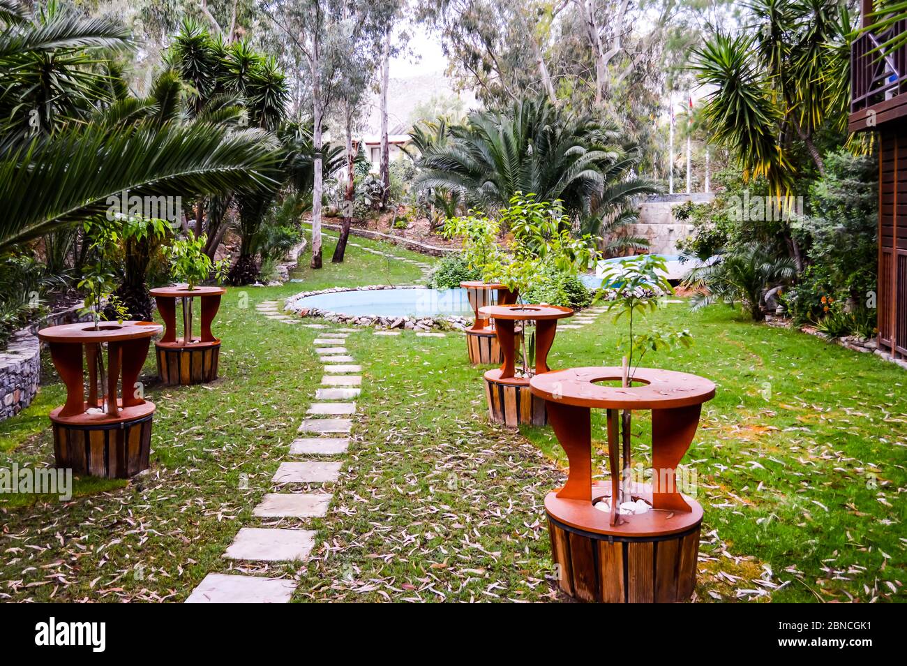 Tropical garden with palm trees and wooden tables on the island of ...