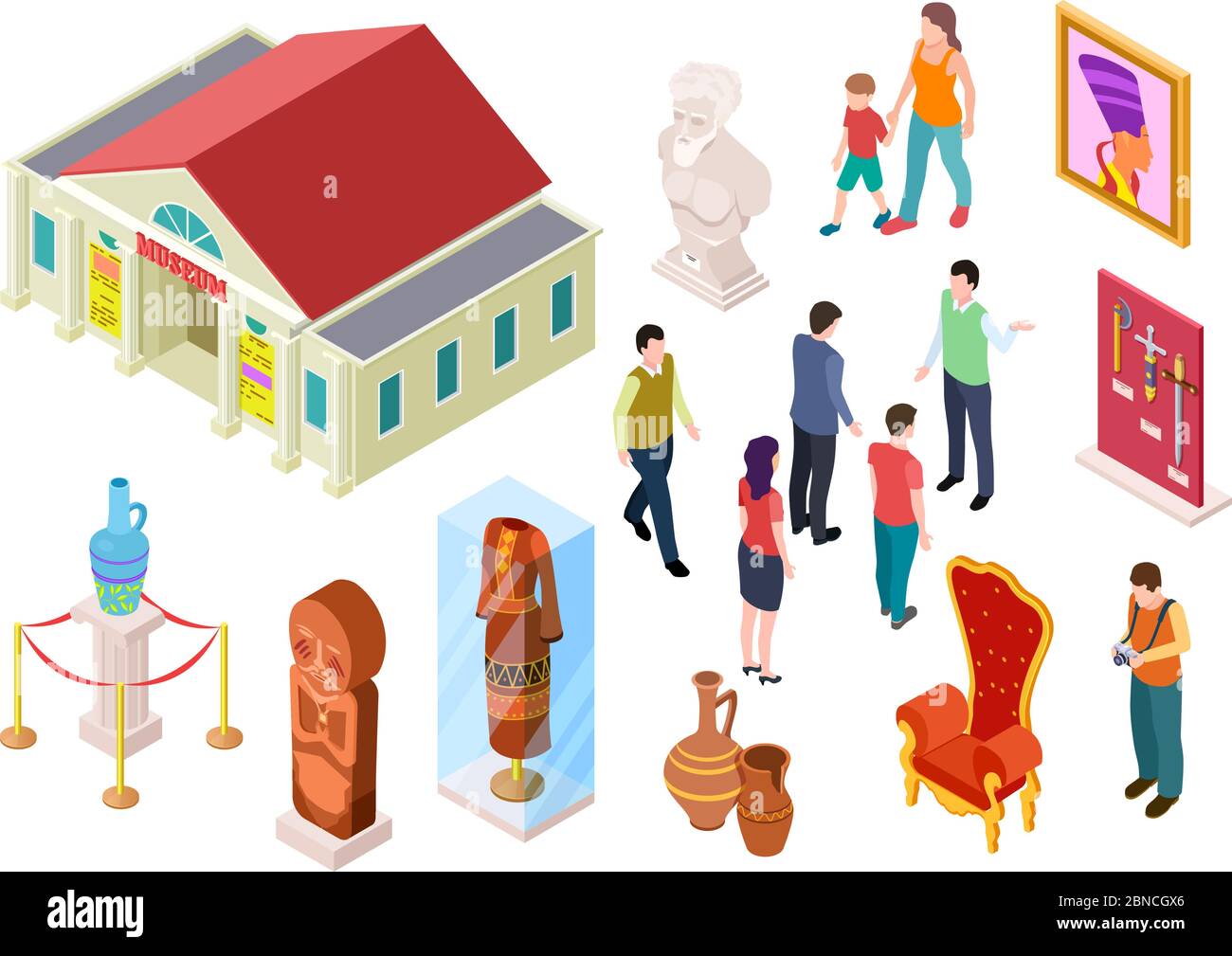 Isometric museum. Art gallery exhibition visitors sculpture and ...