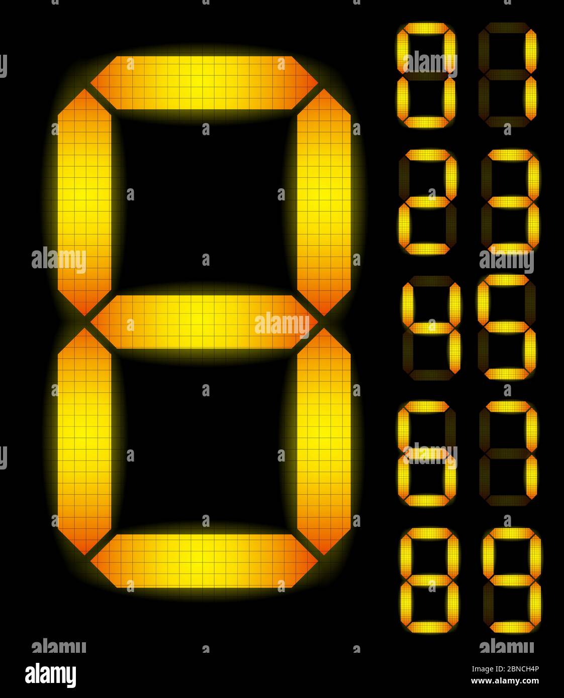 Set of orange glowing digital numbers from zero to nine on a black ...