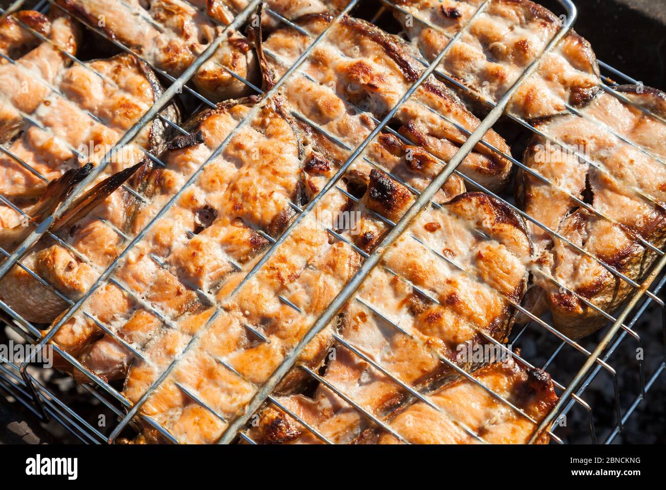 A close-up of browned red fish steaks grilled on a grill over an open ...