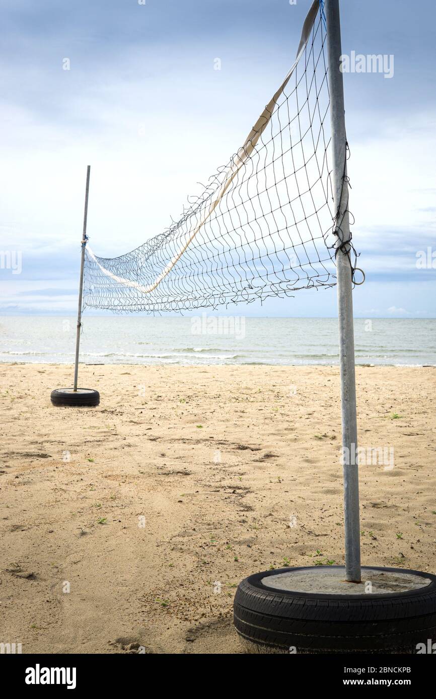 Beach volleyball net on the beach. Sports equipment Stock Photo - Alamy