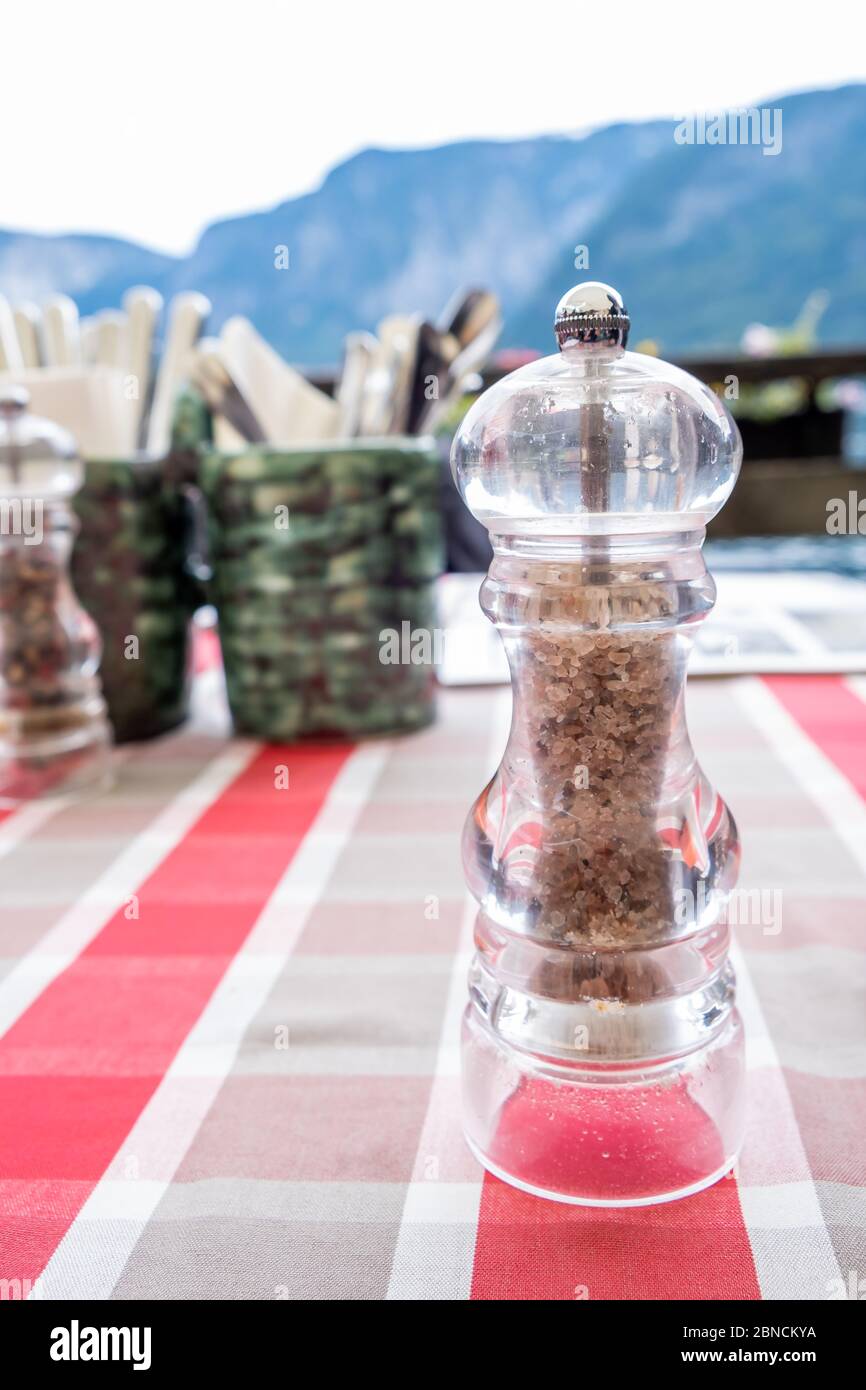 Hallstatt local Salt Shaker on the table at a romantic restaurant ...