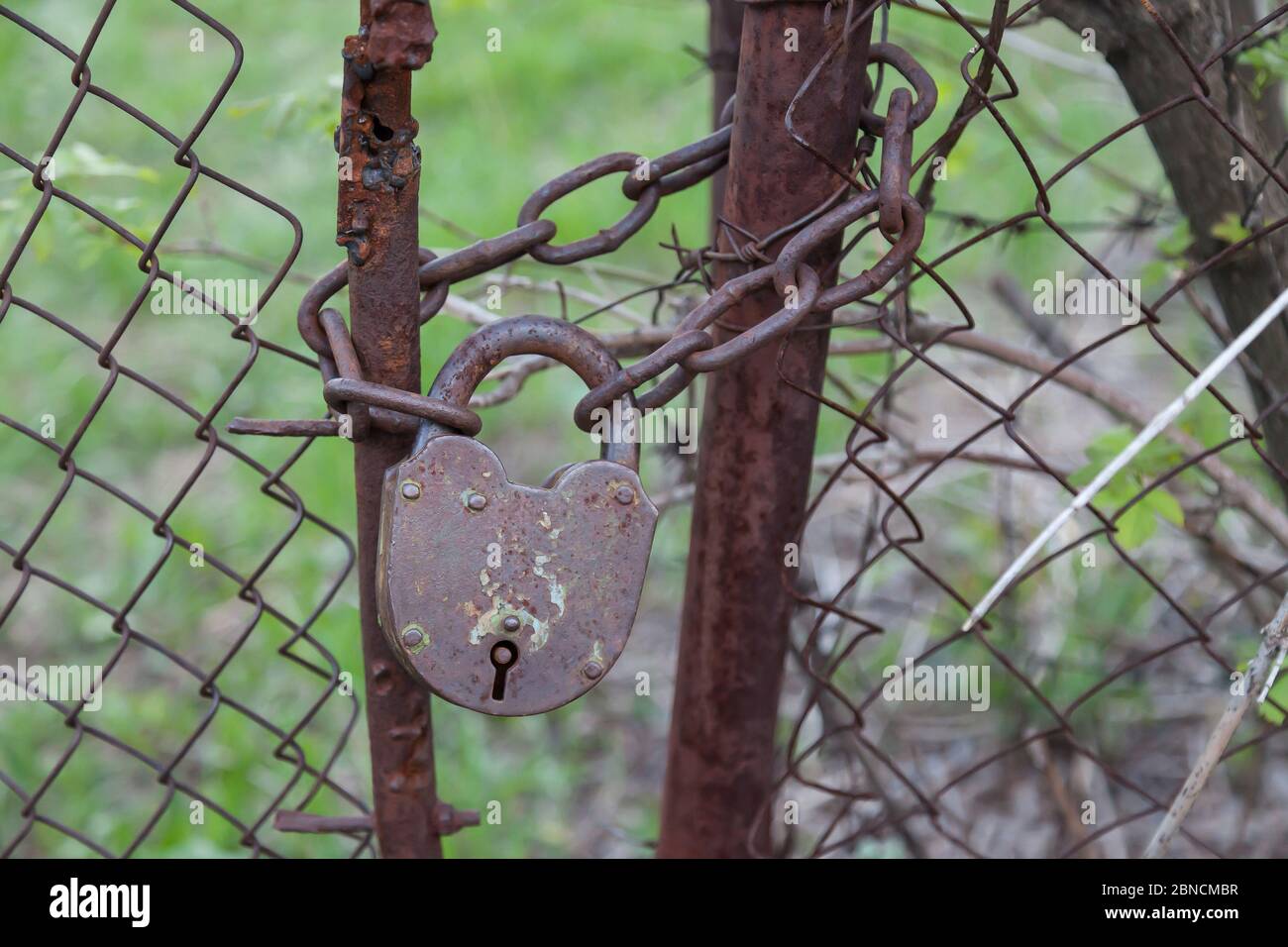 Large closed iron lock of brown color with rust and peeling paint on a ...