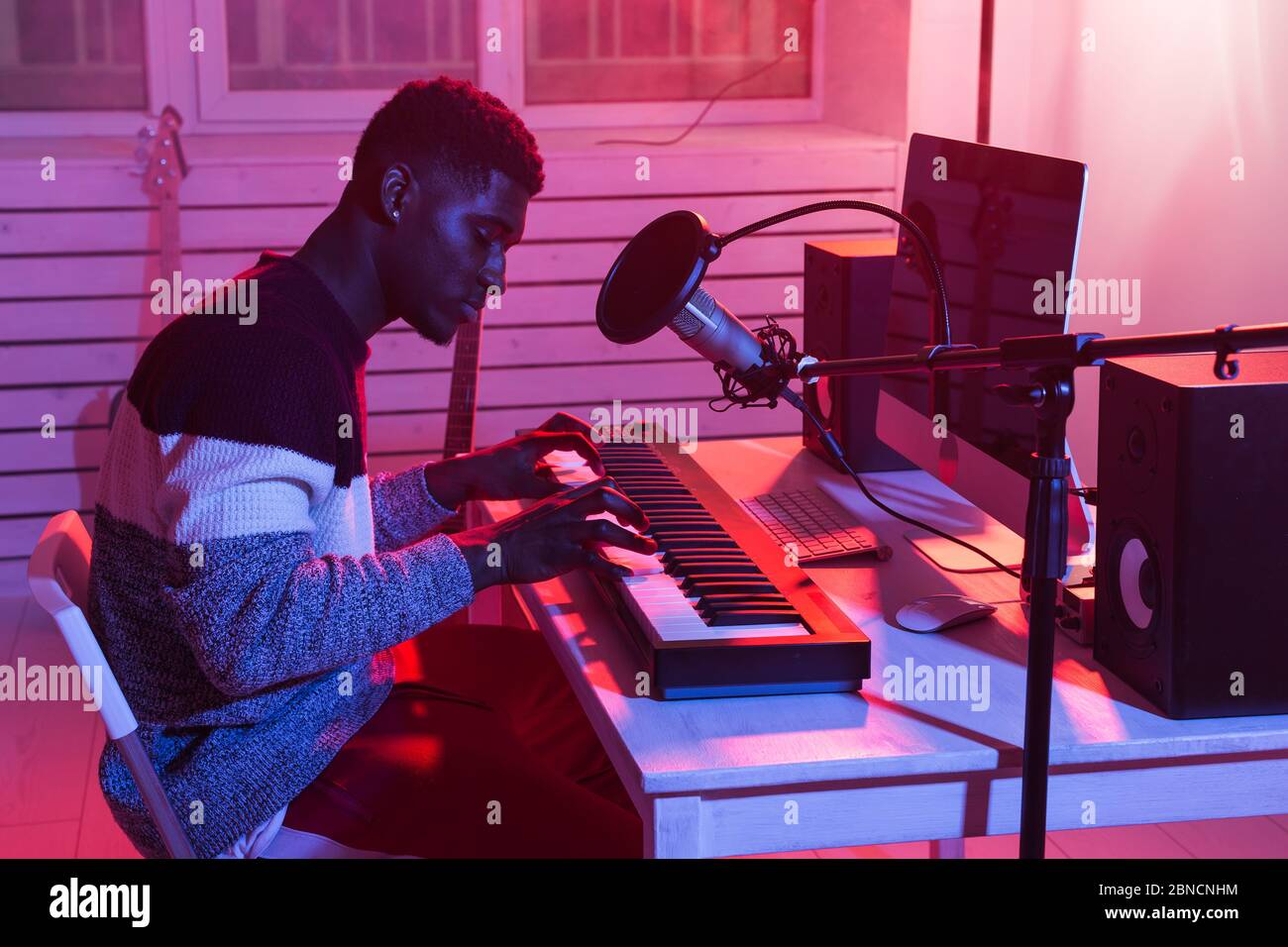 Musician and making music concept - African american male sound ...