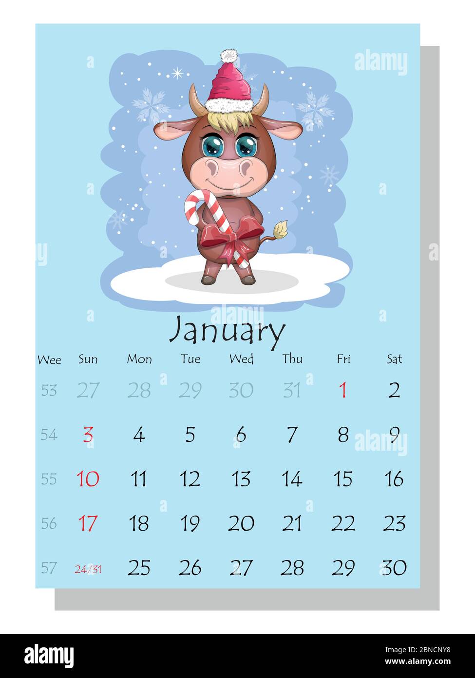 Calendar 2021. Cute bull and cow for every month Stock Vector Image ...