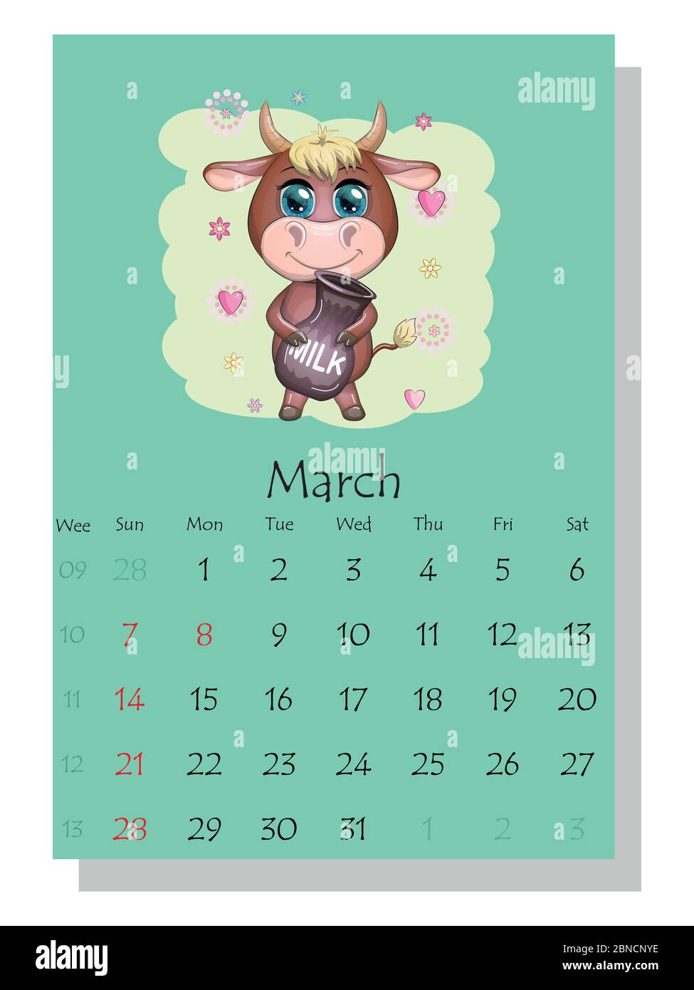 Calendar 2021. Cute bull and cow for every month Stock Vector Image ...