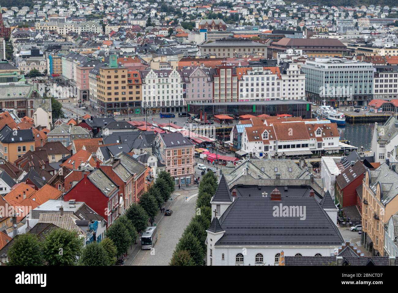 Bergen, Norway city center aerial view on fish market and havn. Traditional architecture travel ...