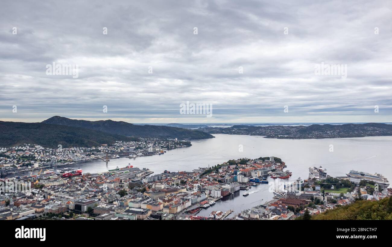 Bergen and Northern sea panoramic aerial view from Floyen attraction ...