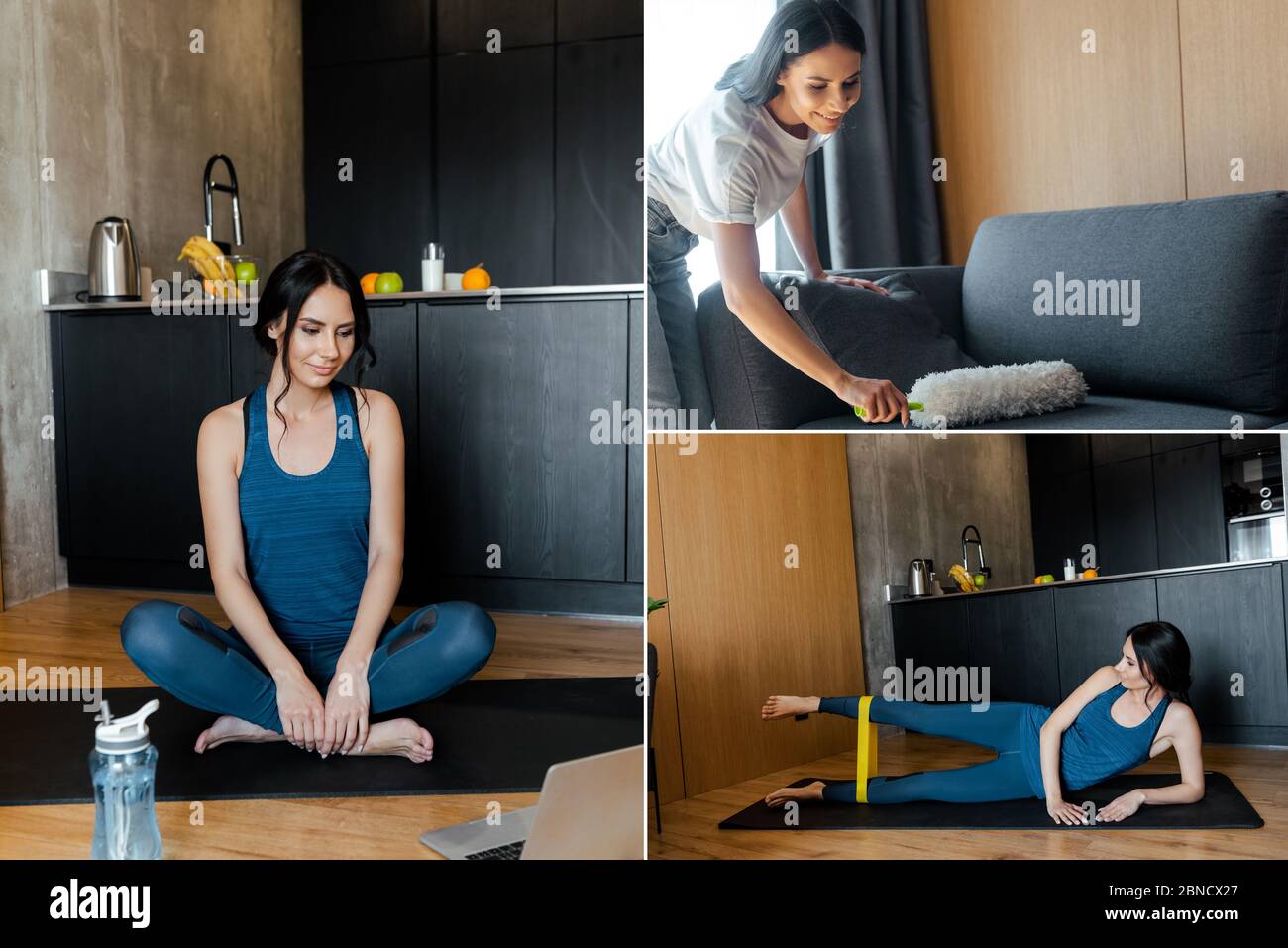 collage with woman cleaning dust, exercising with resistance band and ...