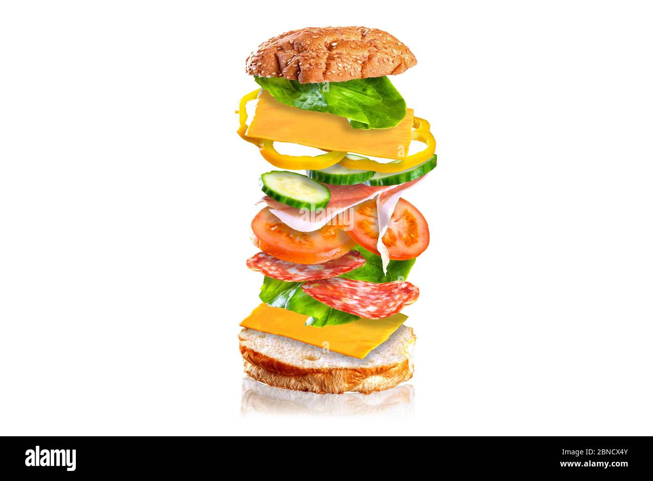 Flying tasty sandwich. Sandwich with flying ingredients isolated on ...
