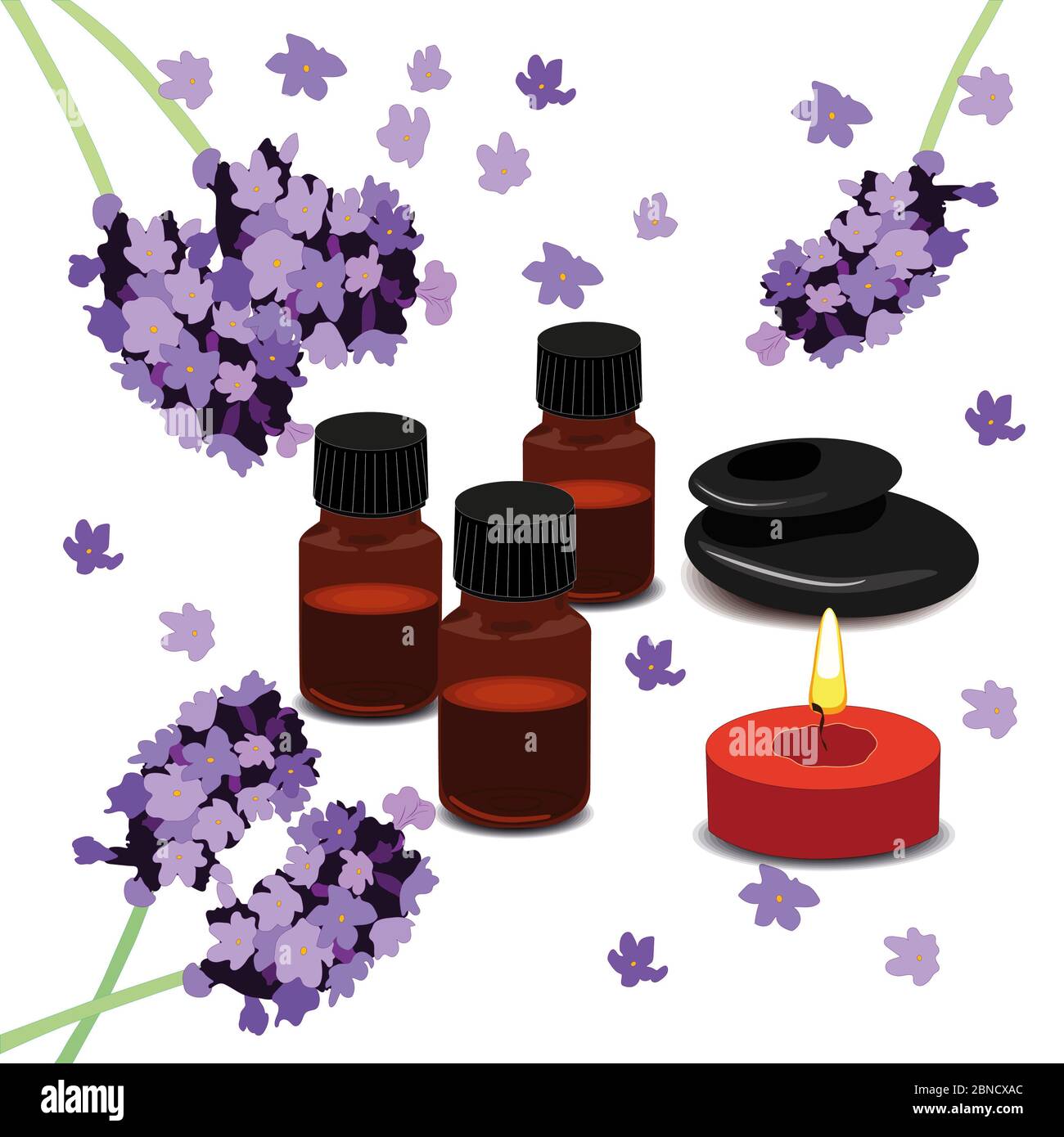 SPA composition, a bottle of essential oil of flowers. Flowers are ...