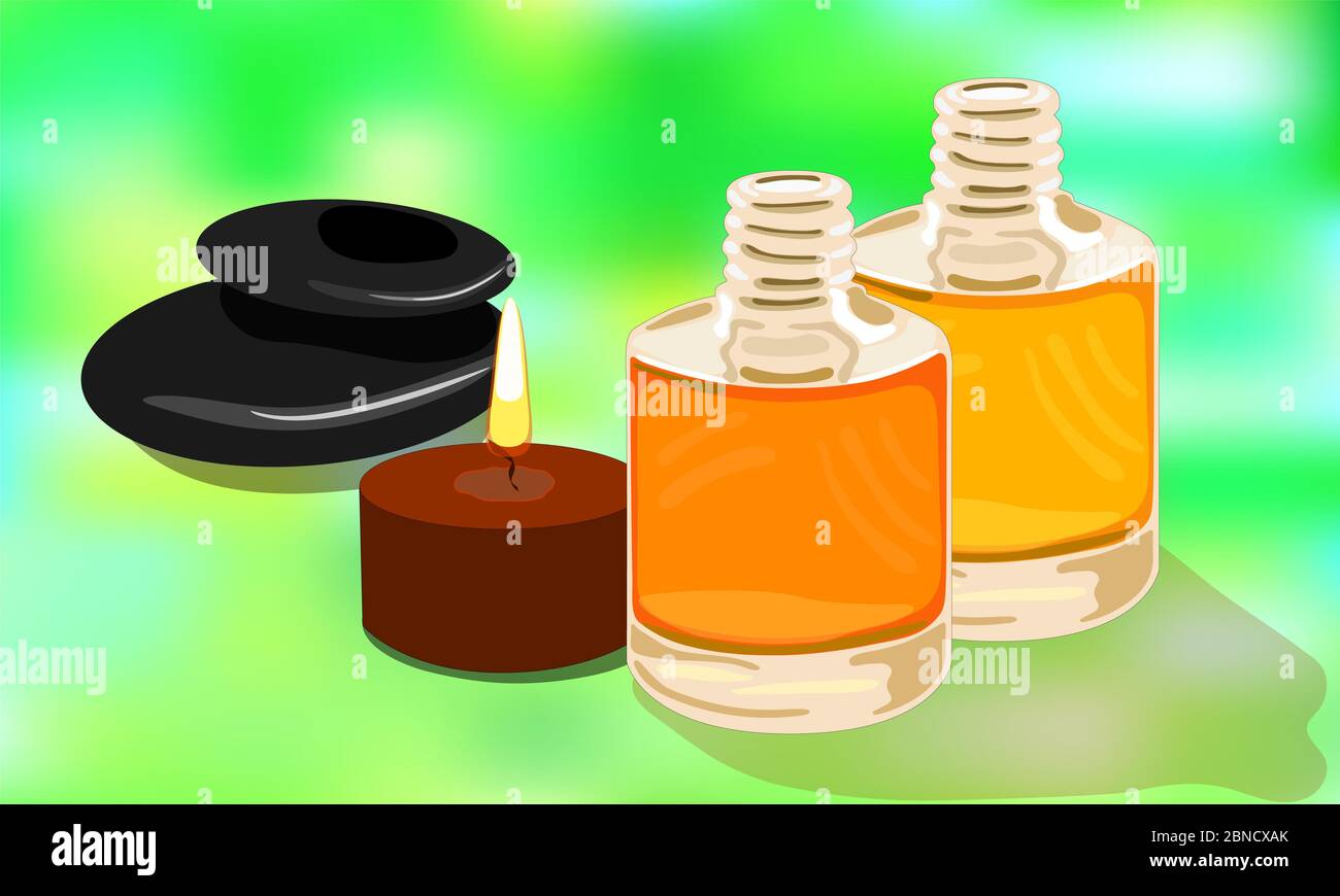 The flat pattern. Essential oils. The candle is burning. Lithotherapy ...