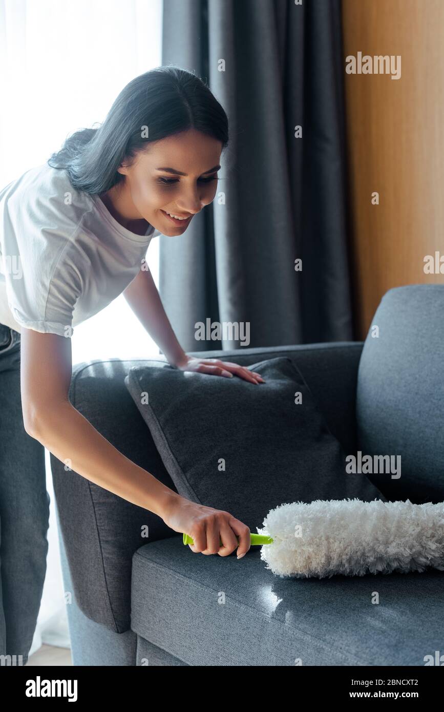 happy beautiful woman cleaning dust from sofa with duster Stock Photo ...