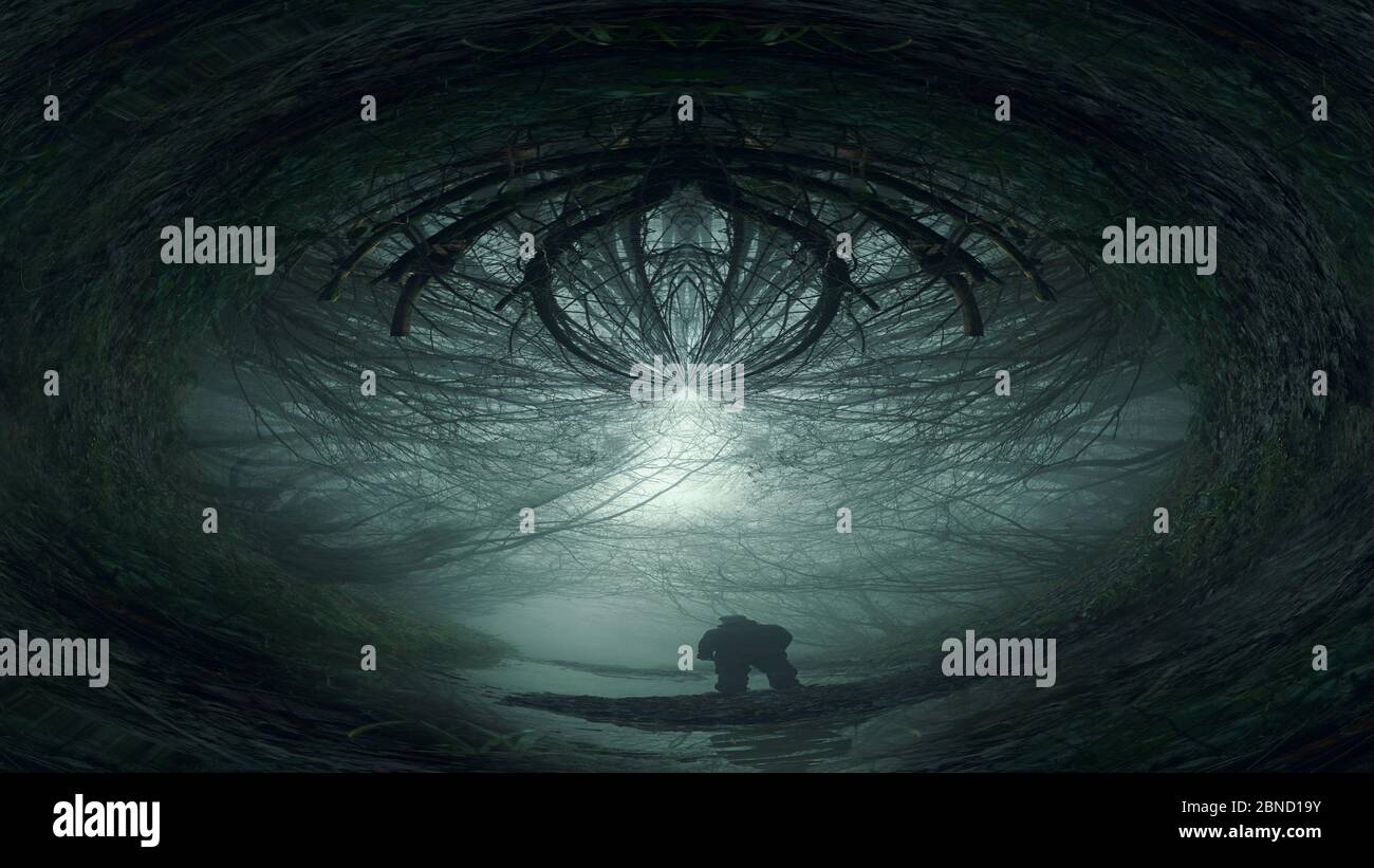 A spooky figure, back to camera, reflected in a forest stream. On a ...