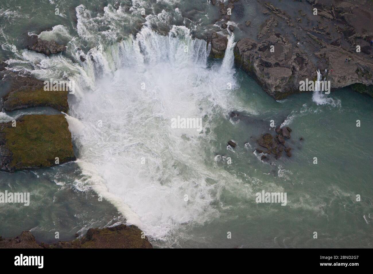 Aerial view of Godafoss waterfall, Skjalfandafljot River, Iceland, July ...