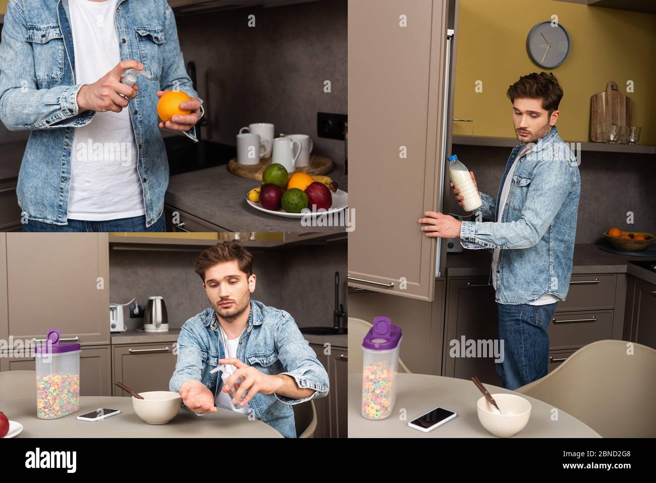Collage of man using hand sanitizer near cereals and fruits in kitchen ...
