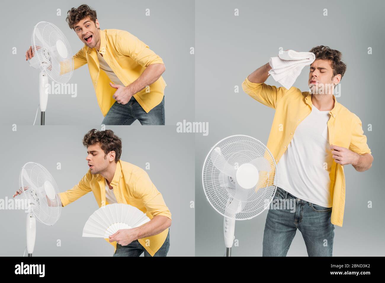 Collage of man with towel, electric and hand fans suffering from heat ...