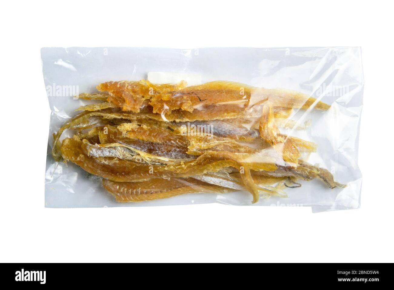 Dried tuna fillet in a transparent package appetizer to beer isolated ...