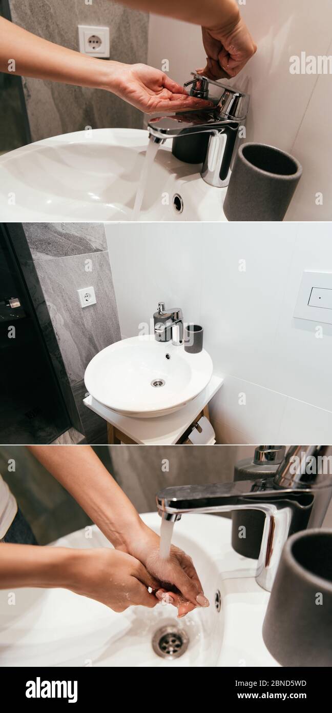 collage with woman washing hands in bathroom during quarantine Stock ...