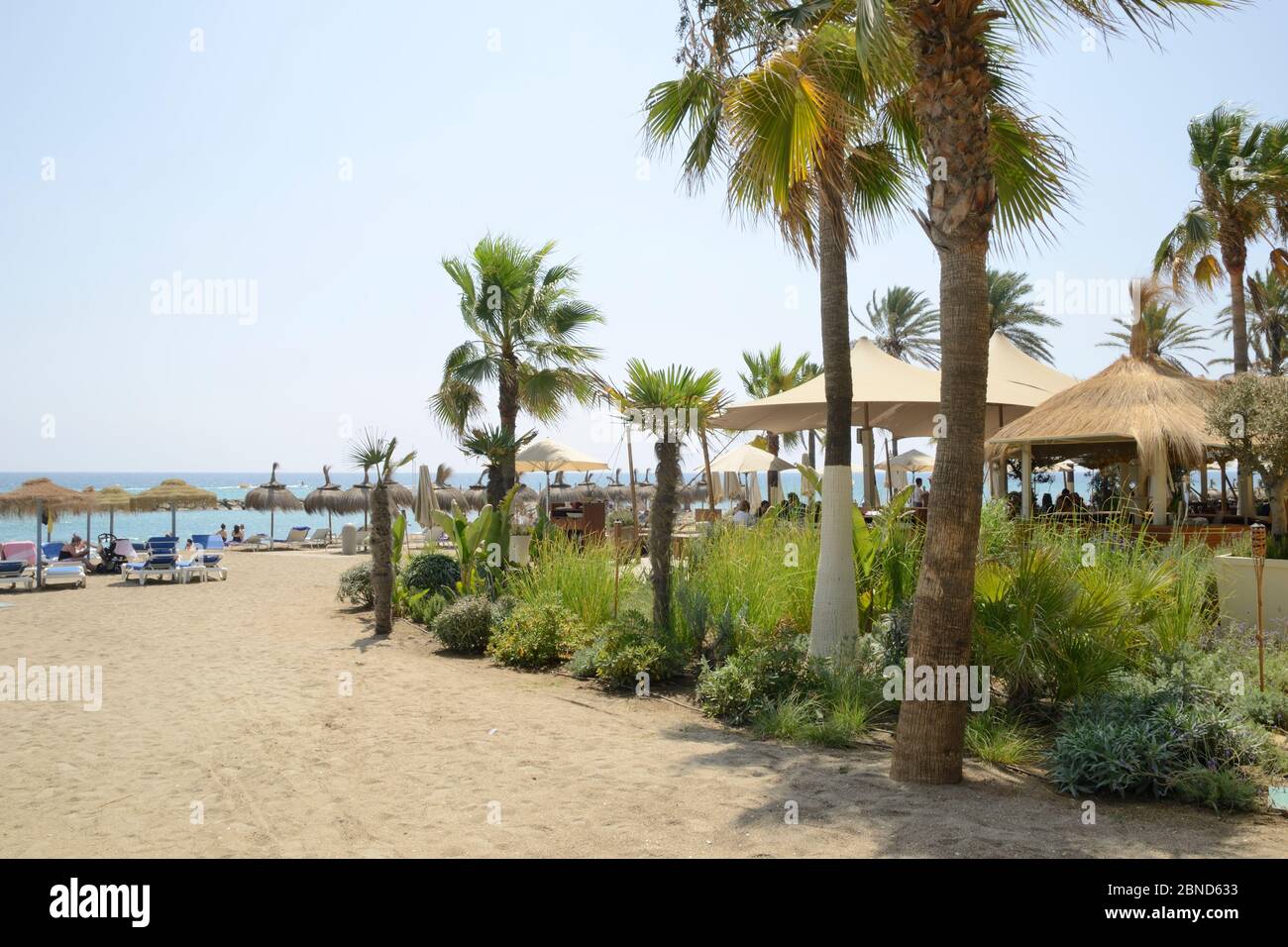 Marbella, Spain - August 31, 2018: People on a summer day in the beach ...