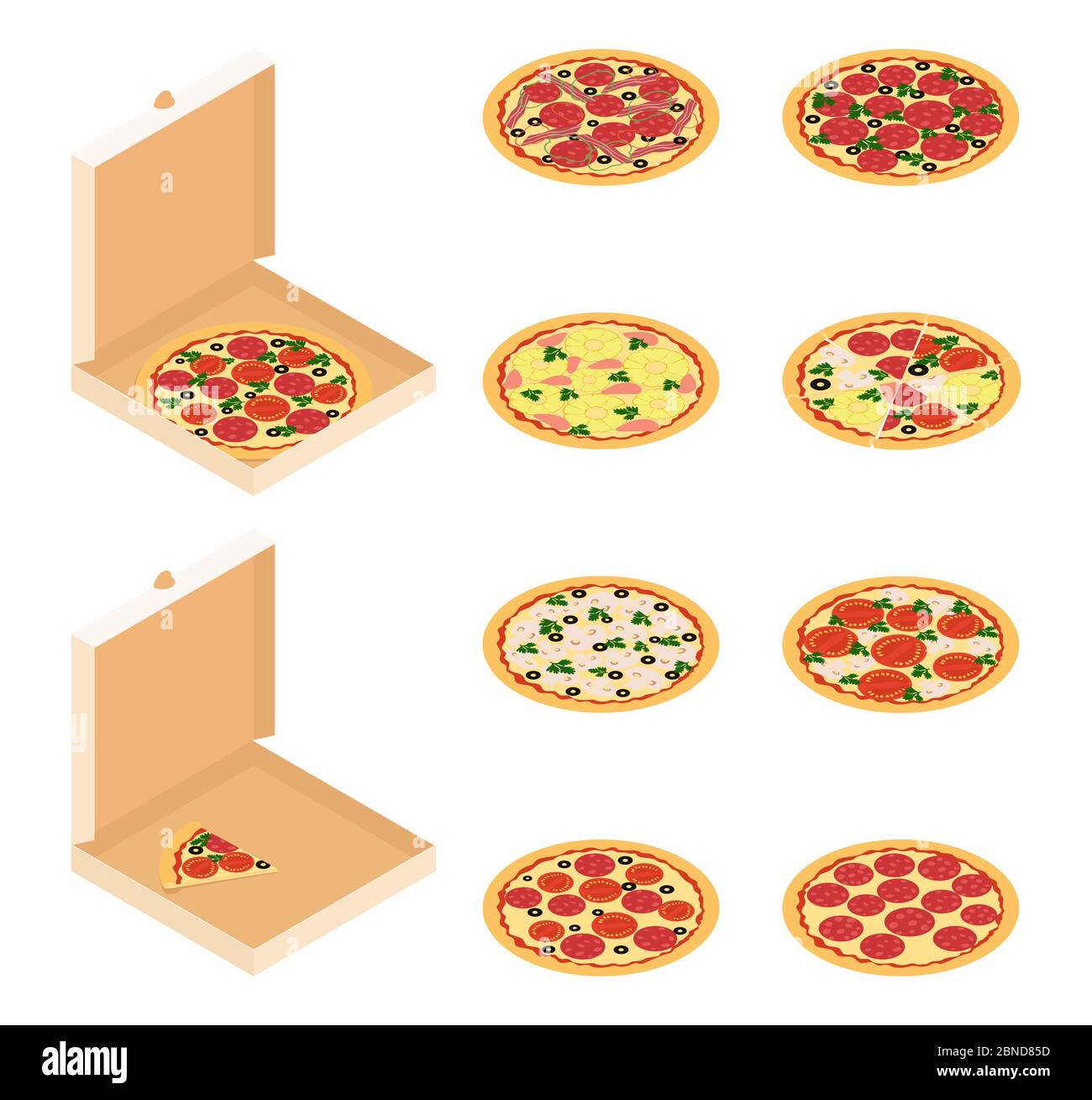Isometric vector illustration of pizza. pizza in a box and without with ...