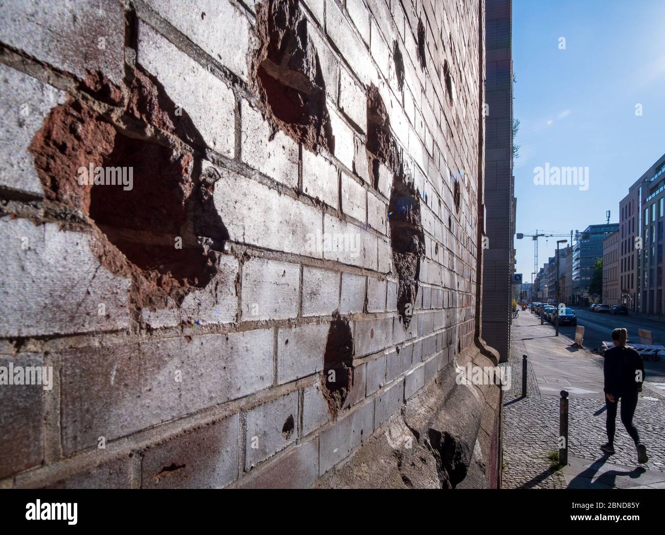 Damage from the Battle of Berlin on wall of S-Bahn bridge in central ...