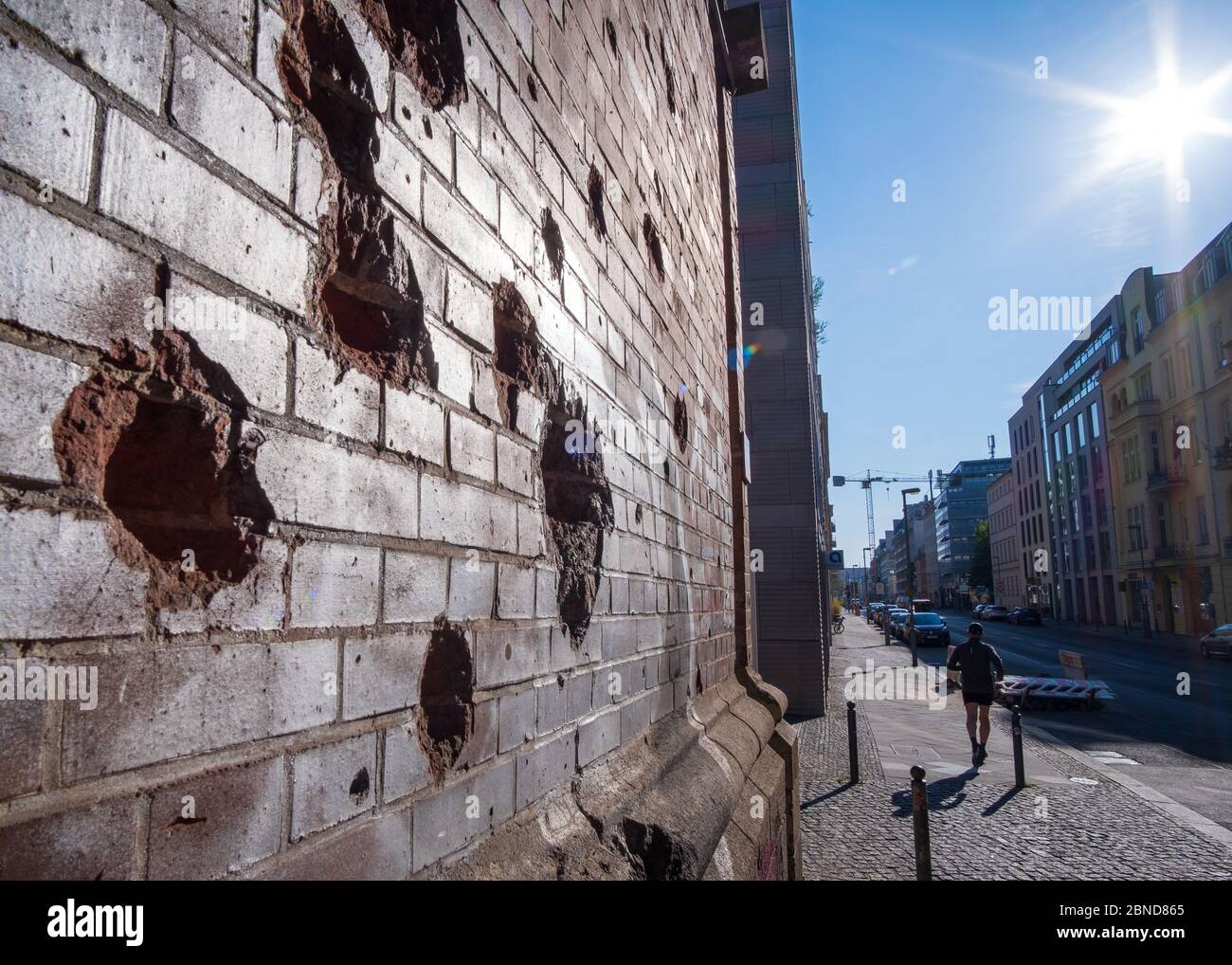 Damage from the Battle of Berlin on wall of S-Bahn bridge in central ...