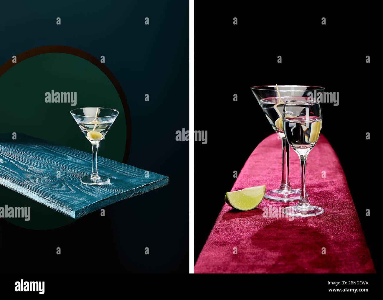 Collage of shot glass and cocktail glass with vermouth, lime slice and ...