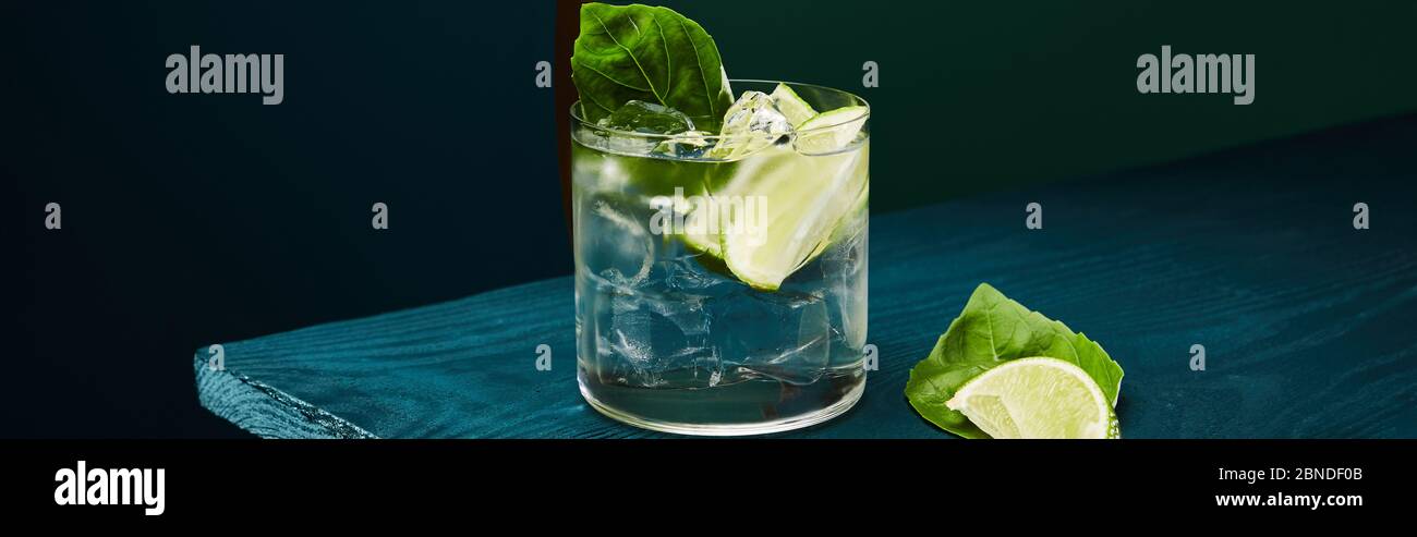 panoramic view of old fashioned glass with fresh drink, mint leaf and ...