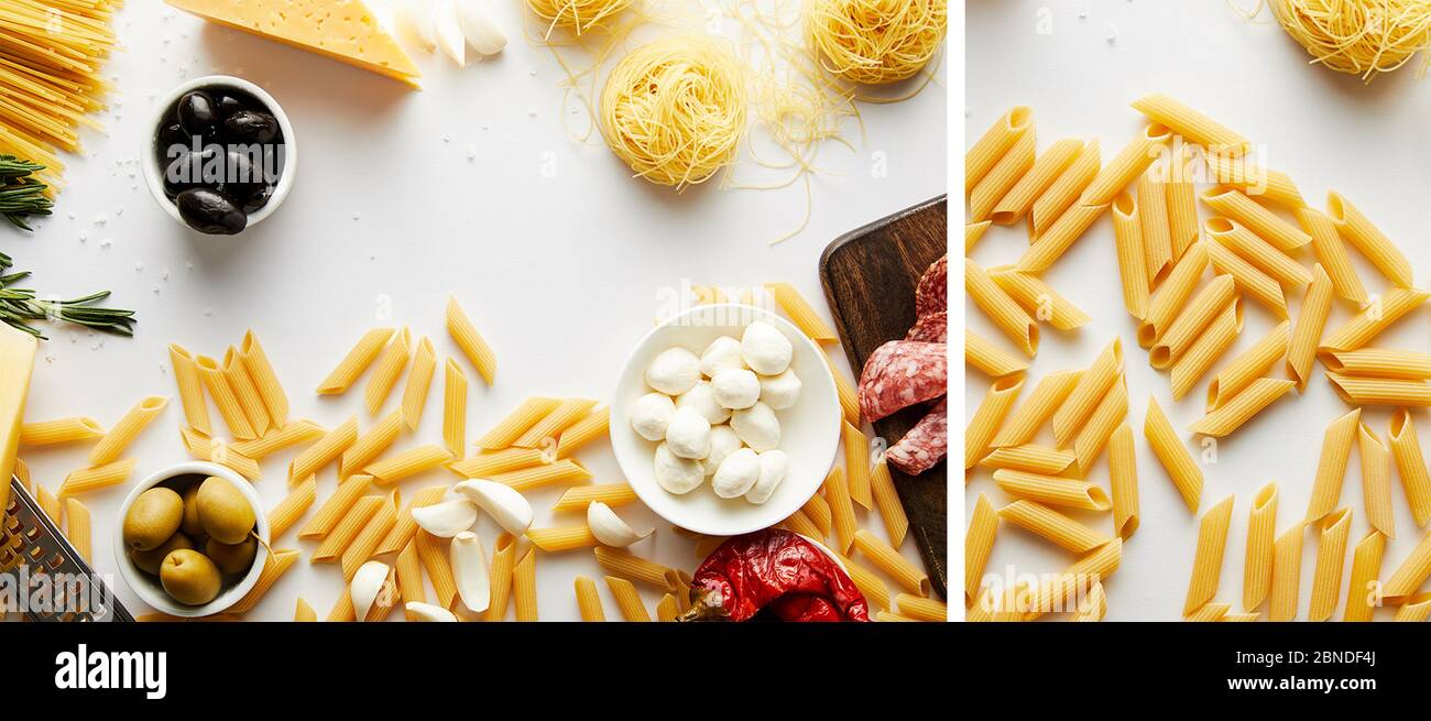 Collage of pasta with ingredients on white background, panoramic shot ...