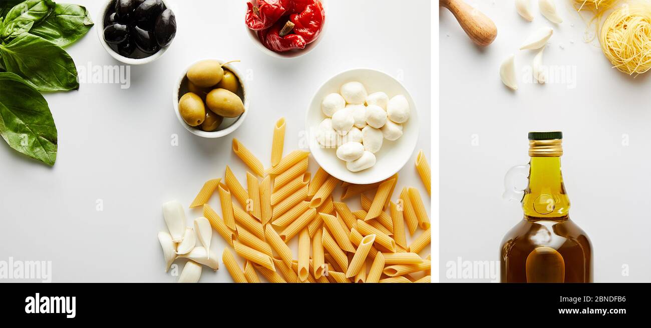 Collage of pasta with ingredients and bottle of olive oil with garlic ...