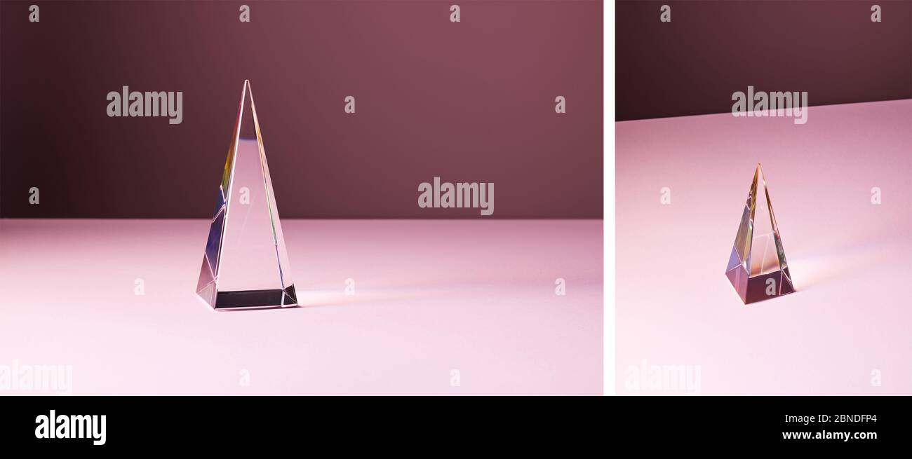 collage of crystal transparent pyramid with light reflection on pink ...