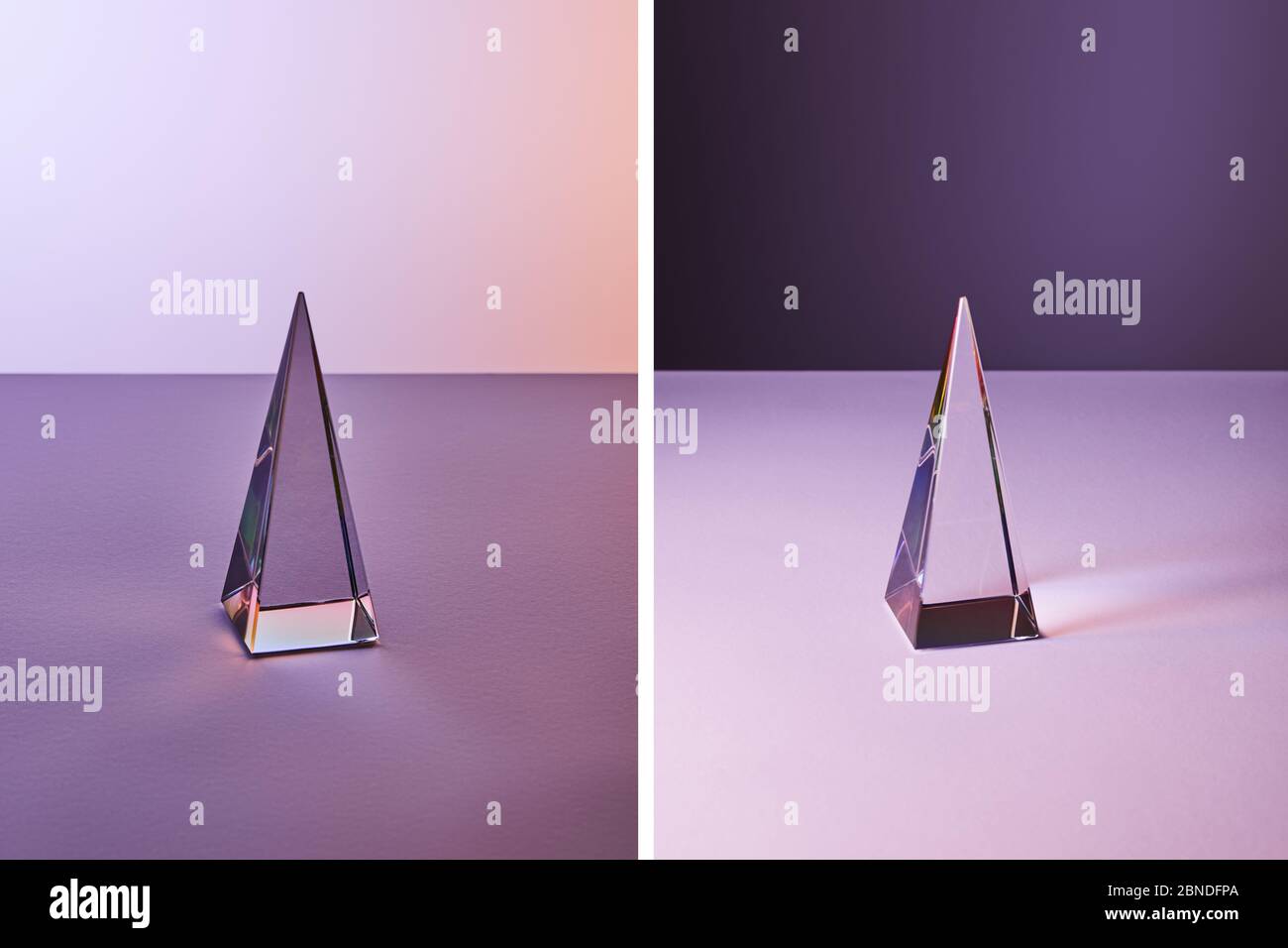 collage of crystal transparent pyramid with light reflection on violet ...