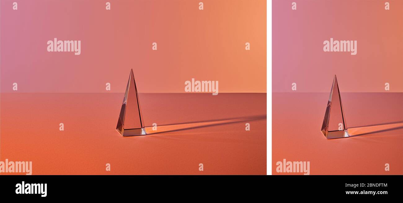 collage of crystal transparent pyramid with light reflection on orange ...