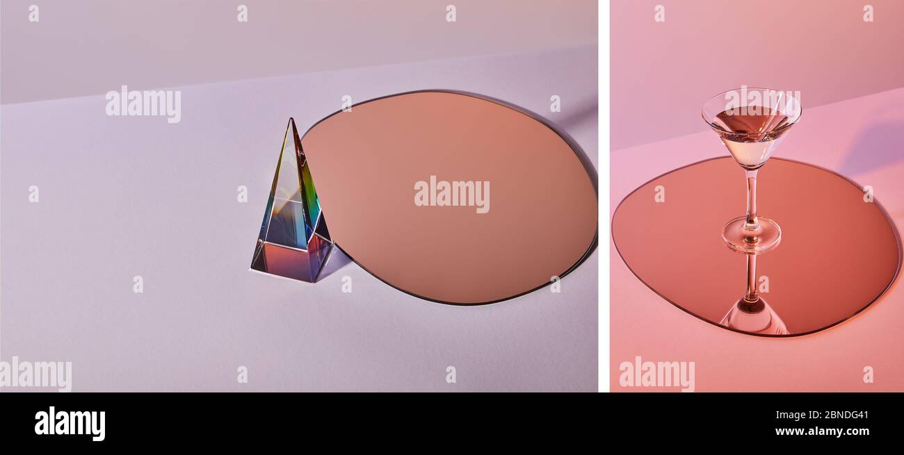 collage of cocktail glass with liquid on mirror with reflection and ...