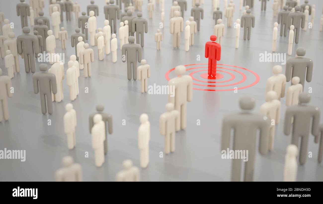 Infected person amid a large crowd in a public space. Digital 3D render ...