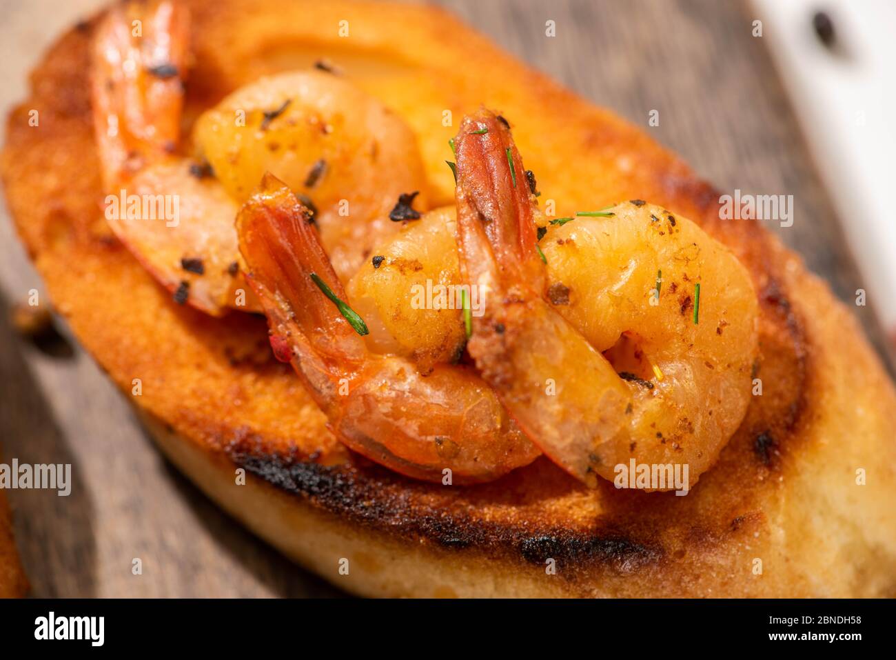close up view of canape with toast bread and fried shrimps Stock Photo ...