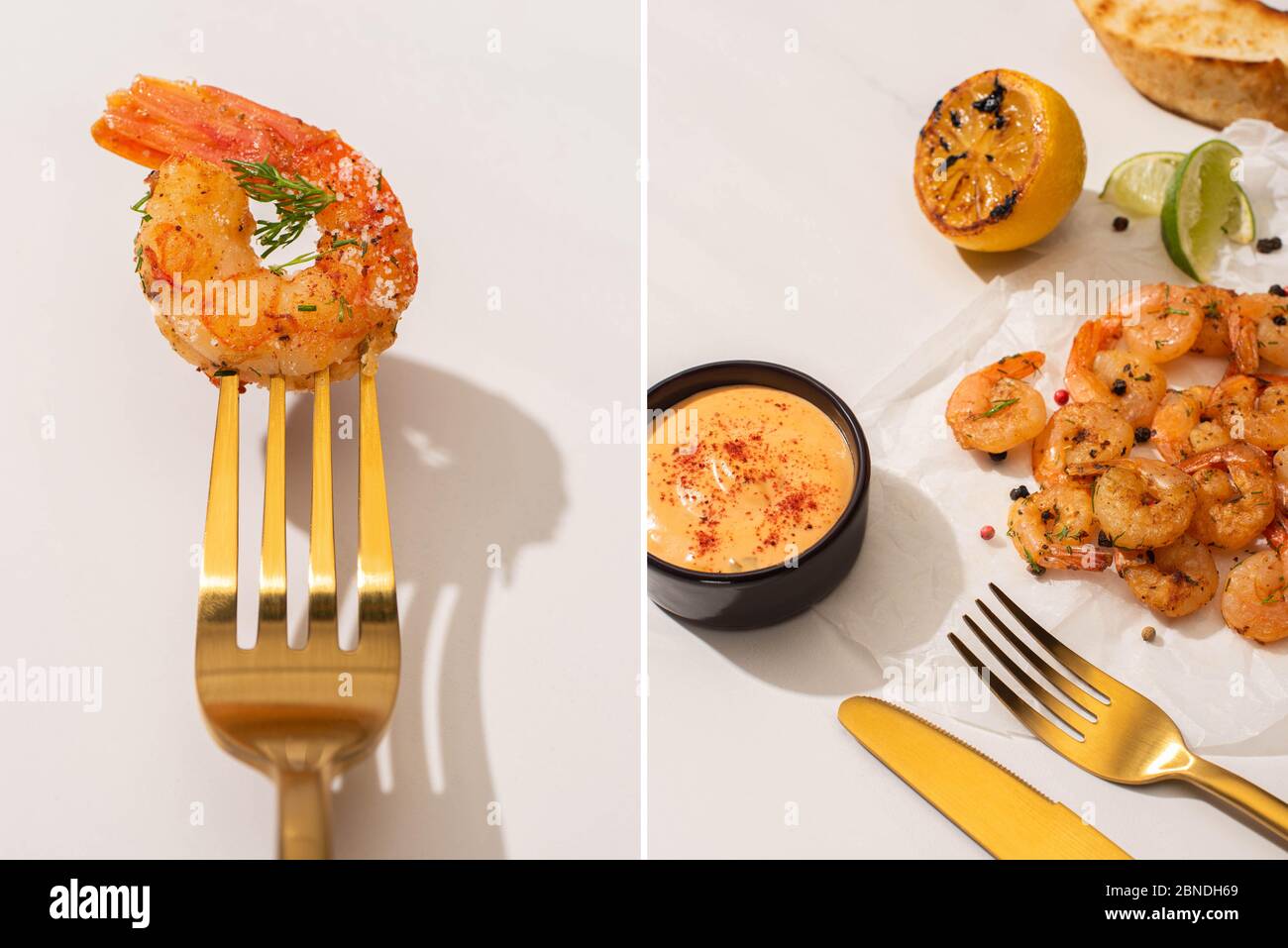 collage of fried shrimps on parchment paper with sauce and lime near ...