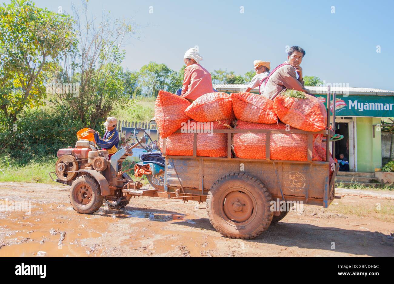 Bagan Myanmar - October 31 2013; Rustic small old tractor known as ...