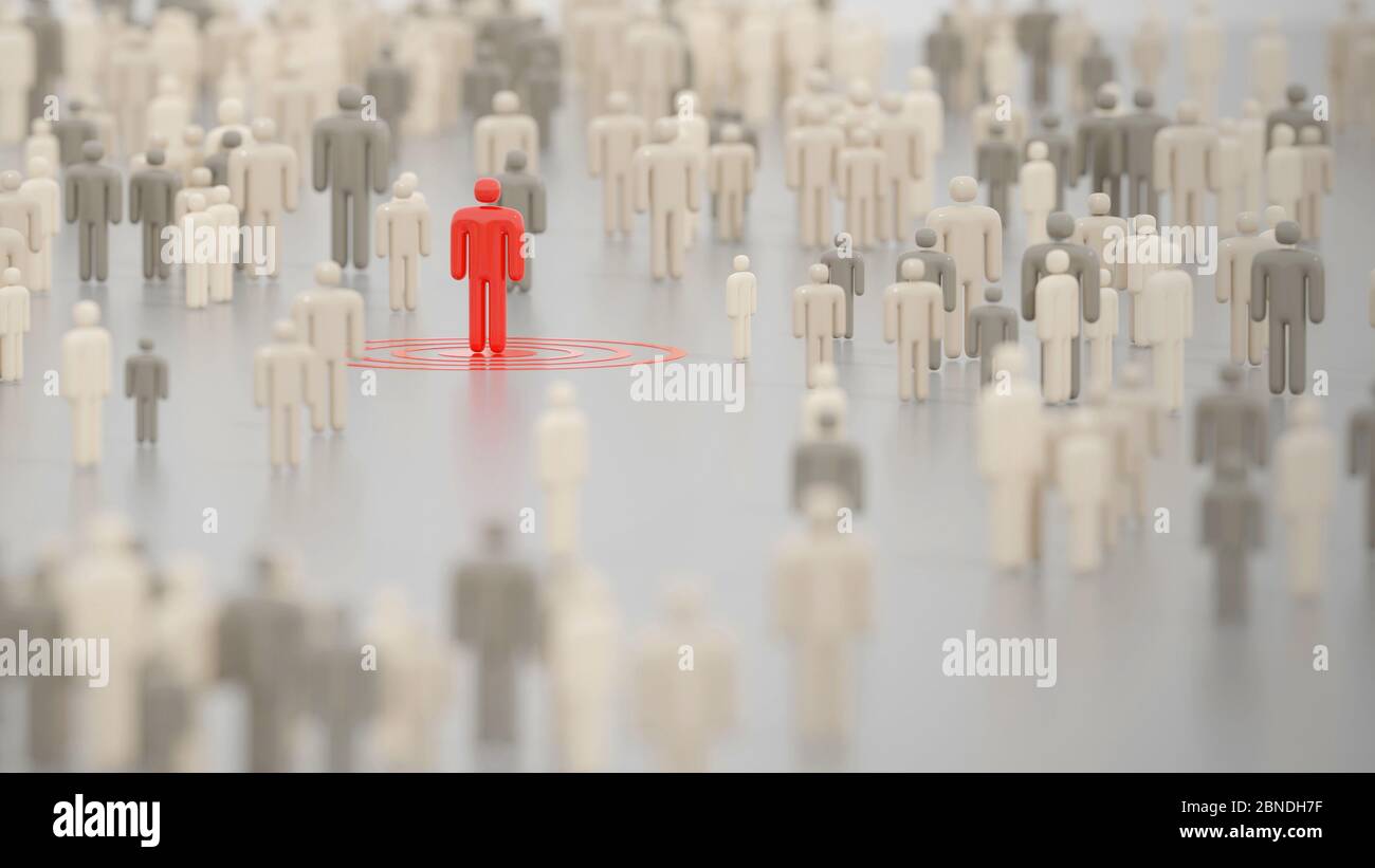 Infected person amid a large crowd in a public space. Digital 3D render ...