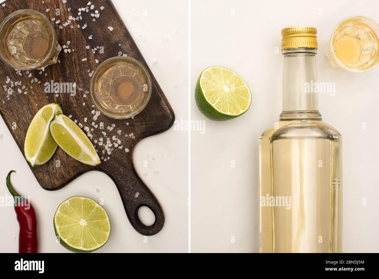 collage of golden tequila in bottle and shot glasses with lime, chili ...