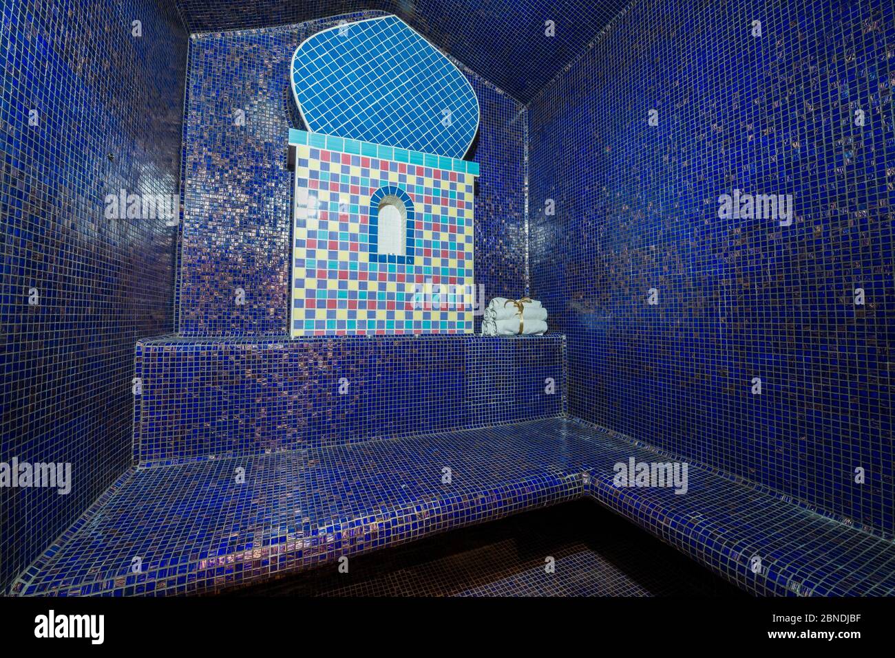 Beautiful design of a steam room with small tiles on a wall, bench, and ...