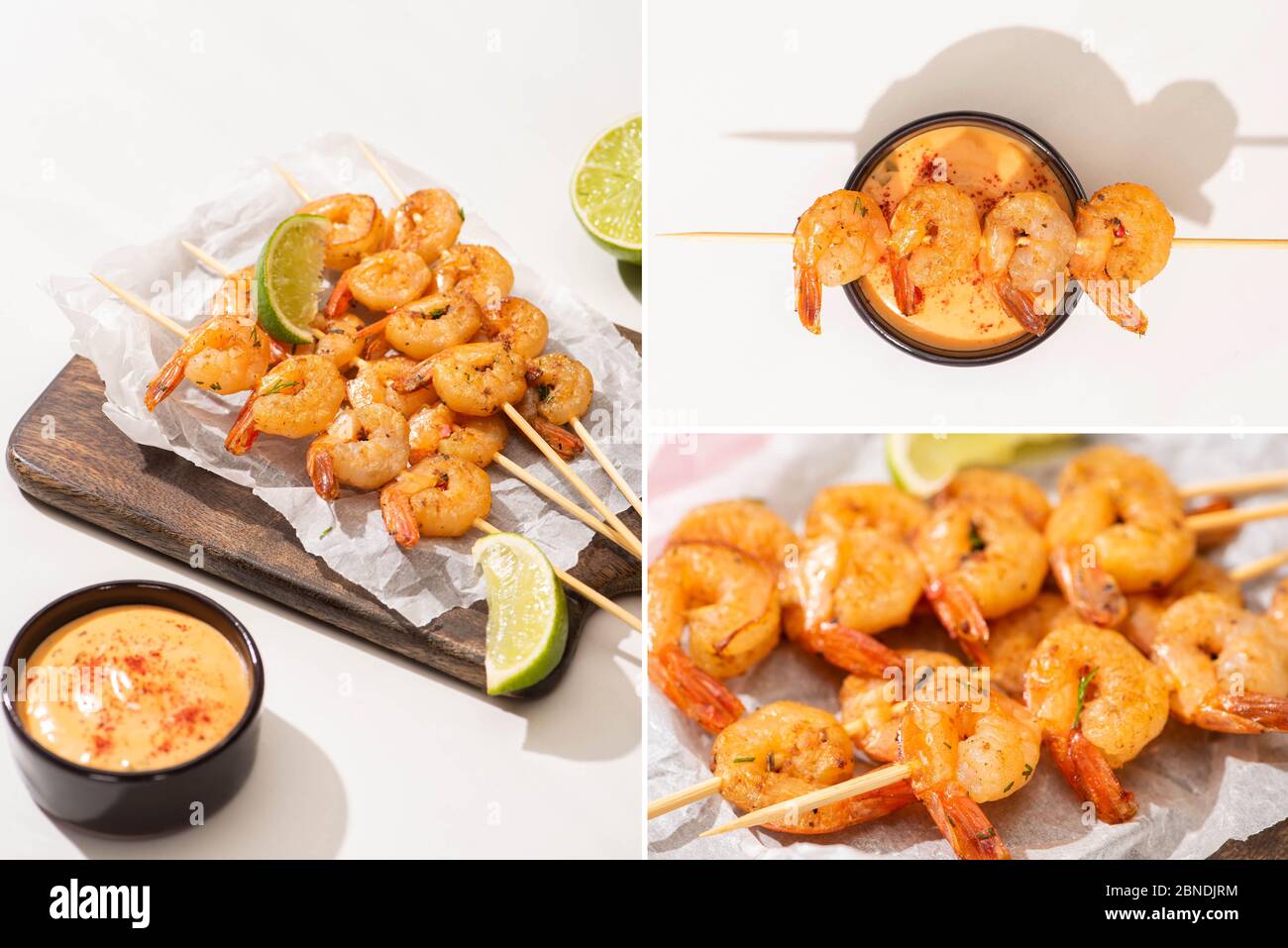 collage of prawns on skewers with lime and sauce on parchment paper on ...