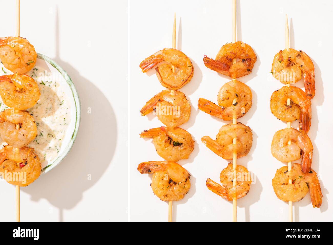 collage of delicious fried prawns on skewers with sauce on white ...