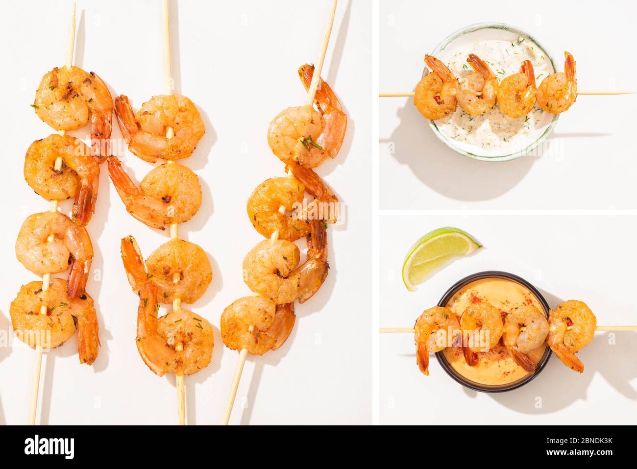 collage of delicious fried prawns on skewers with lime and sauces on ...