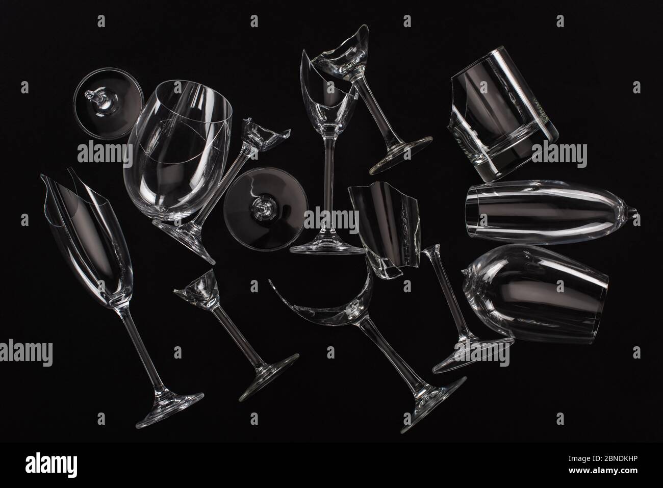 top view of broken sharp transparent glasses isolated on black Stock ...