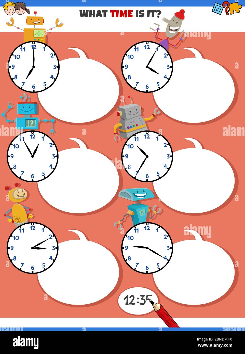 Cartoon Illustrations of Telling Time Educational Activity with Clock ...